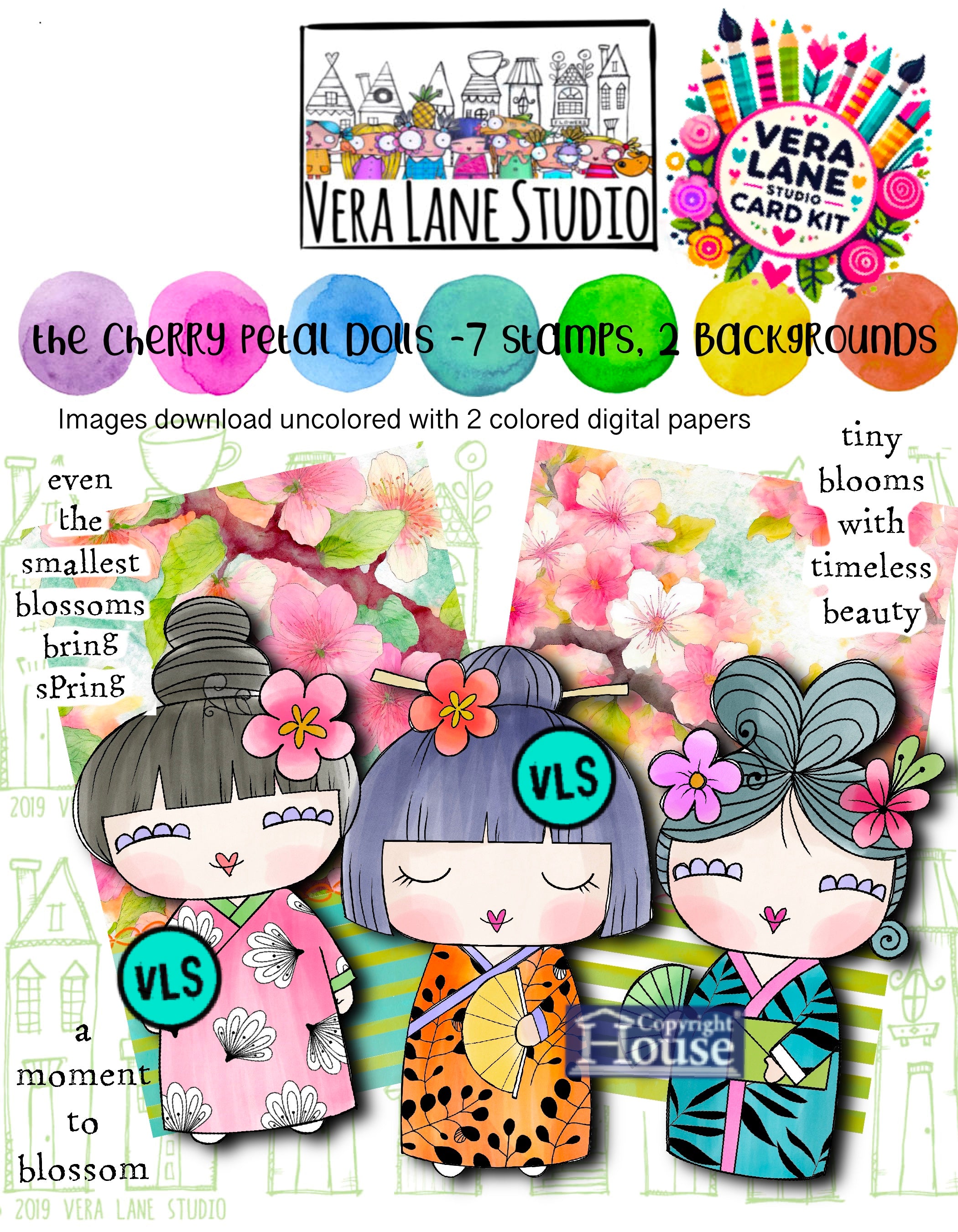 Cherry Petal Dolls - 7 Digi stamps, 2 colored digital papers – Vera ...